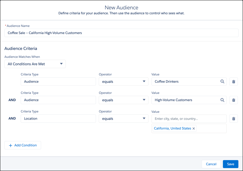 Criteria Types and Conditions for Audience Creation