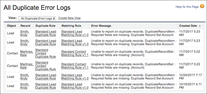 View Error Logs For Duplicate Rules And Matching Rules