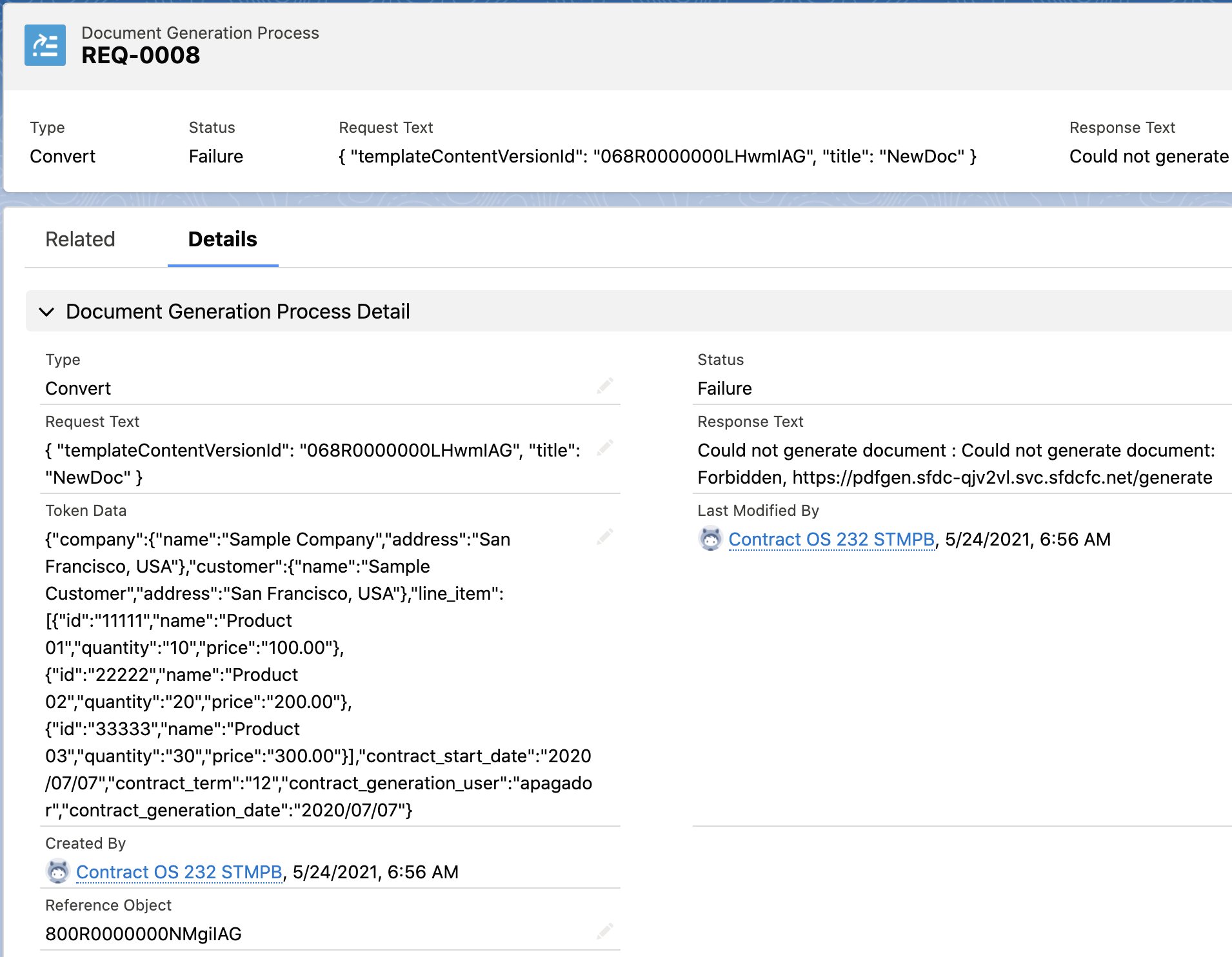 The JobId and the Document Generation Process Record Page