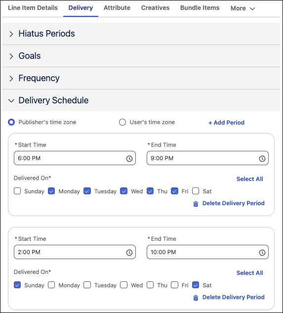 Delivery Tab of Line Item Configuration Panel