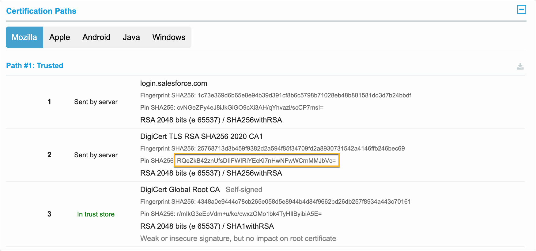 Configure Authentication Server Certificate Pin