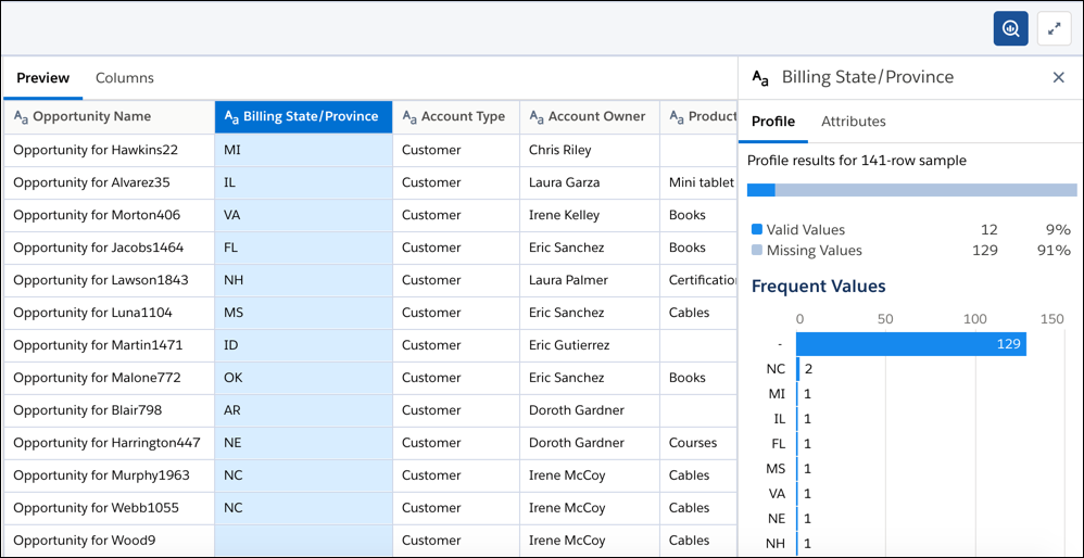 Profile Columns to Understand Data in a Data Prep Recipe