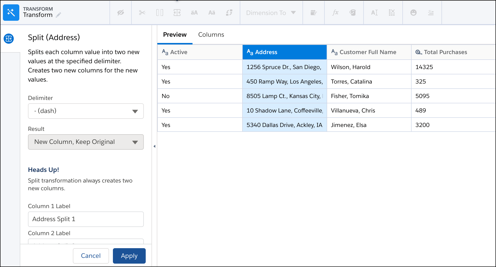 Split Transformation: Break Up Column Values