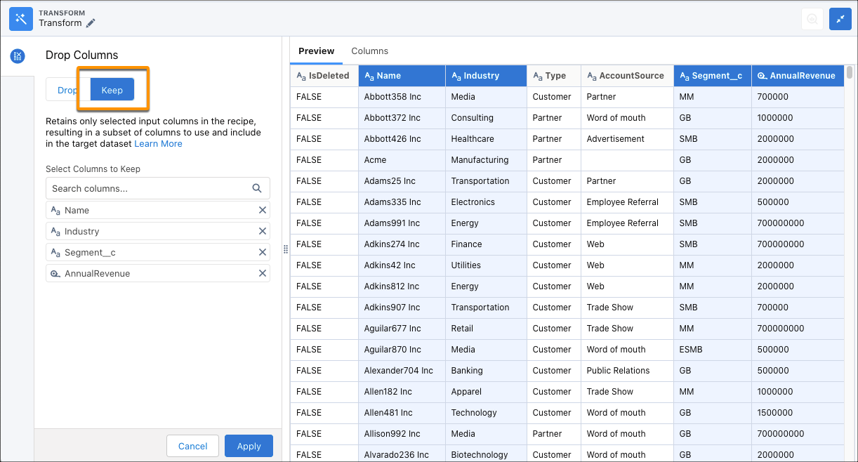 Drop Columns Transformation: Drop Columns from the Recipe