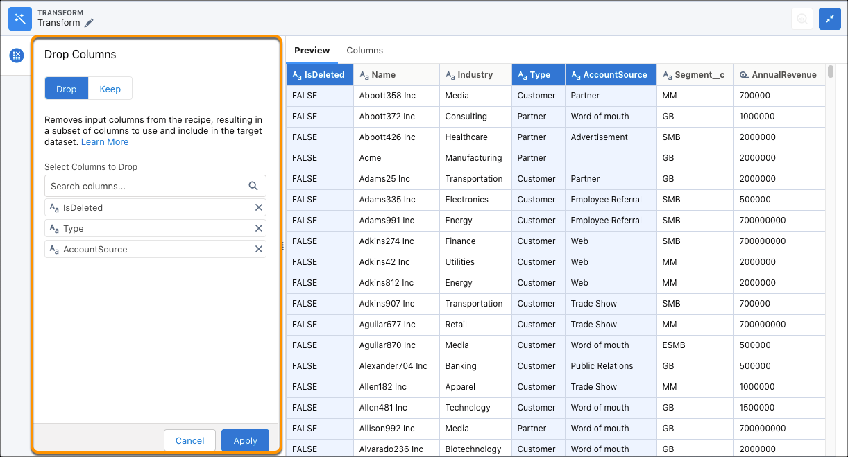 Drop Columns Transformation: Drop Columns from the Recipe