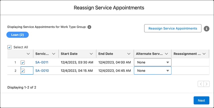 Flow Screen Component: Reassign Service Appointments