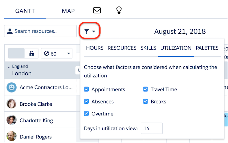 Filter the Gantt in Field Service