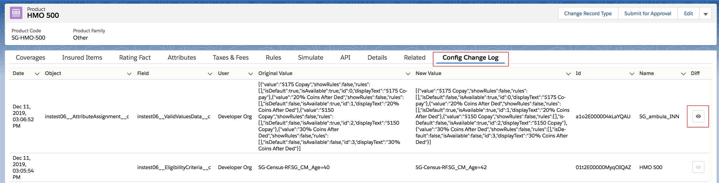 Product Configuration Change Log